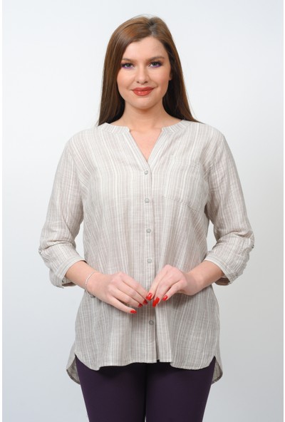 Çizgili Pamuklu Keten Büyük Beden Gömlek