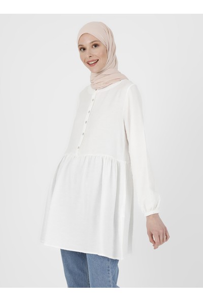 Benin Balon Kol Rahat Kesim Tunik - Off White - Benin