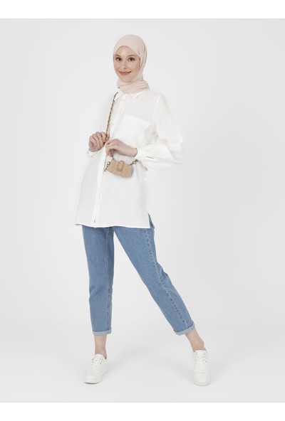 Benin Dokulu Kumaş Cep Detaylı Gömlek - Off White - Benin