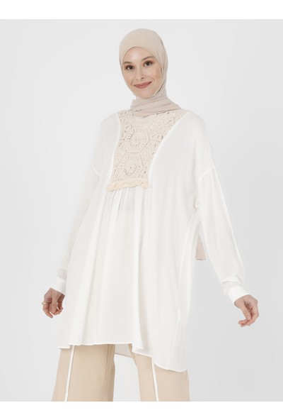 Refka Dantel ve Püskül Detaylı Tunik - Off White - Refka Casual Refka Dantel ve Püskül Detaylı Tunik - Off White - Refka Casual