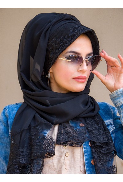 Aişe Tesettür Dantelli Şapka Şal - Siyah - Aişe Tesettür