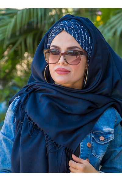 Aişe Tesettür Harf Desen Büzgülü Hazır Şal - Lacivert - Aişe Tesettür