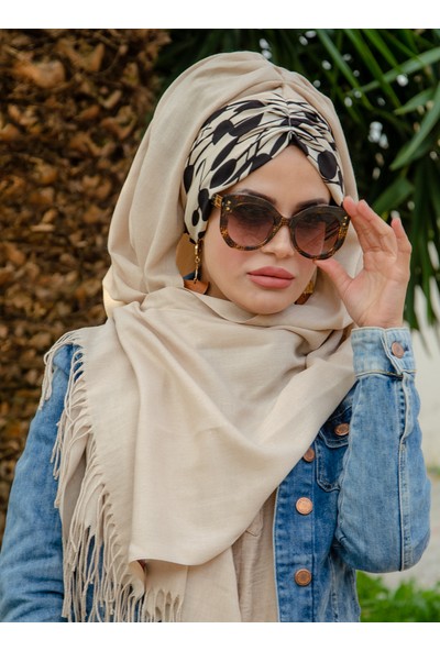 Aişe Tesettür Desenli Hazır Şal - Bej - Aişe Tesettür