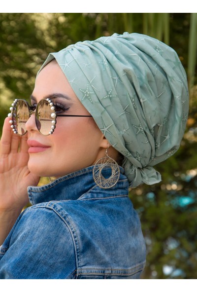 Aişe Tesettür Desenli Tokalı Bone - Su Yeşili - Aişe Tesettür