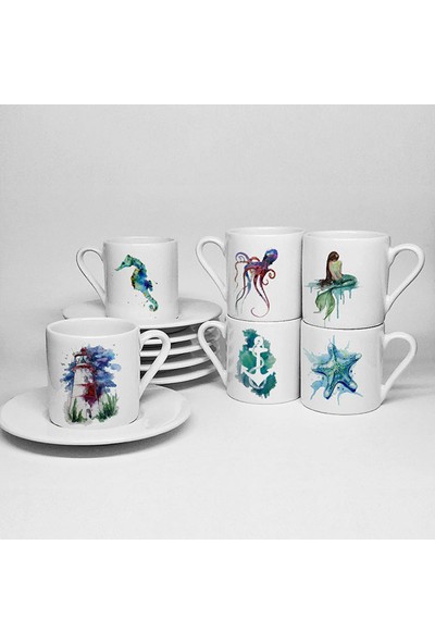 Uadac Deniz Temalı Baskılı Porselen 6lı Türk Kahvesi Fincan Takımı