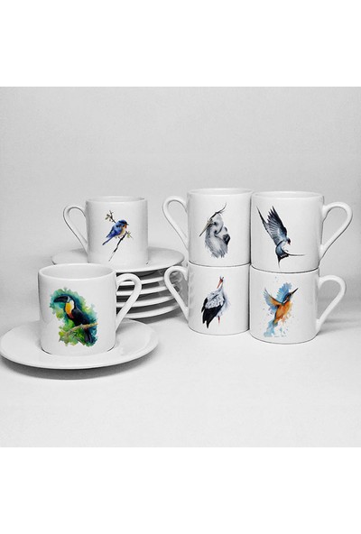 Uadac Kuşlar Temalı Baskılı Porselen 6lı Türk Kahvesi Fincan Takımı