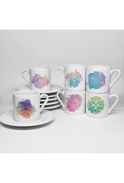 Mandala Temalı Baskılı Porselen 6lı Türk Kahvesi Fincan Takımı