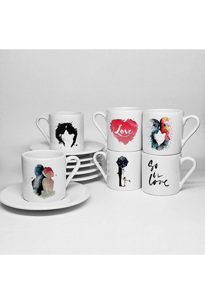Love Aşk Temalı Baskılı Porselen 6lı Türk Kahvesi Fincan Takımı