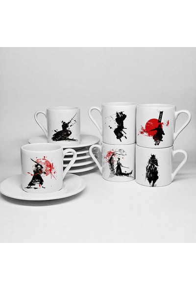 Samuray Temalı Baskılı Porselen 6lı Türk Kahvesi Fincan Takımı Samuray Temalı Baskılı Porselen 6lı Türk Kahvesi Fincan Takımı