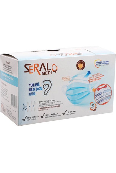 Seral Kulak Dostu 3 Katlı Telli Filtreli Maske 50 Adet Seral Kulak Dostu 3 Katlı Telli Filtreli Maske 50 Adet