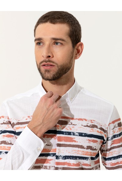 Pierre Cardin Turuncu Detaylı Beyaz Slim Fit Gömlek 50251234-VR204 Pierre Cardin Turuncu Detaylı Beyaz Slim Fit Gömlek 50251234-VR204