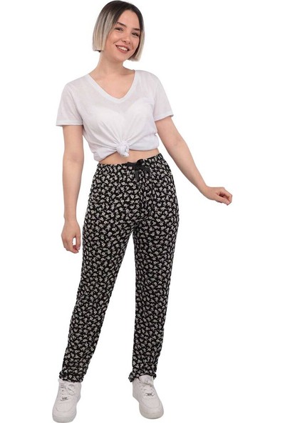 Çiçek Desenli Kadın Viskon Pantolon | Siyah Çiçek Desenli Kadın Viskon Pantolon | Siyah