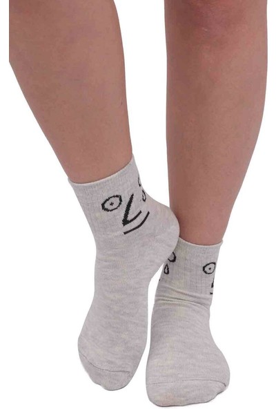 Fashion Emoji Desenli Kadın Soket Çorap 11400 | Açık Gri