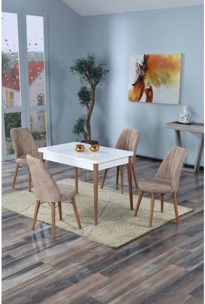 Morkese Run Serisi Düz Beyaz Sabit Yemek ve Mutfak Masa Takımı 4 Sandalyeli - Cappucino