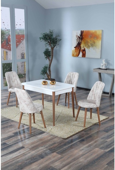 Morkese Run Serisi Düz Beyaz Sabit Yemek ve Mutfak Masa Takımı 4 Sandalyeli - Krem