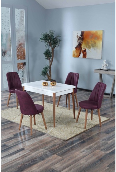 Morkese Run Serisi Düz Beyaz Sabit Yemek ve Mutfak Masa Takımı 4 Sandalyeli - Mürdüm