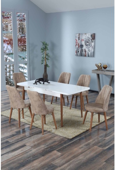 Morkese Snow Serisi Beyaz Açılır Yemek ve Mutfak Masa Takımı 6 Sandalyeli - Cappucino