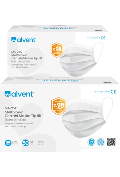 Alvent Beyaz 3 Katlı Telli Meltblown Filtreli Cerrahi Maske 100 Adet Telli Ma-250 Alvent Beyaz 3 Katlı Telli Meltblown Filtreli Cerrahi Maske 100 Adet Telli Ma-250