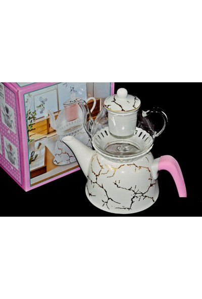 Çiftçiler Cam Demlikli Porselen Çaydanlık Çiftçiler Cam Demlikli Porselen Çaydanlık