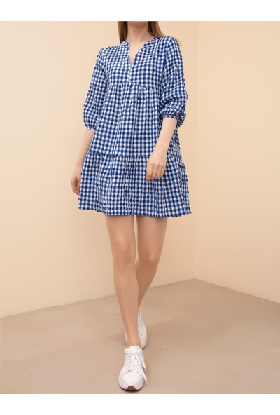 Hn Tekstil Hn Collection Saks Ekose Hakim Yaka Elbise Hn Tekstil Hn Collection Saks Ekose Hakim Yaka Elbise
