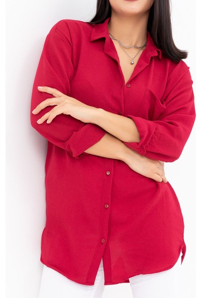 Hn Tekstil Hn Collection Kırmızı Krep Cepli Gömlek