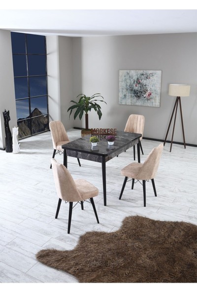 Morkese Hued Serisi Siyah Mermer 4 Sandelyeli Açılabilir Yemek ve Mutfak Masa Takımı - Açık Cappucino