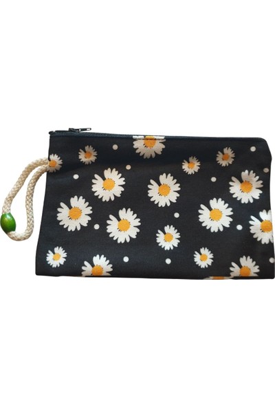 Orora Butik Siyah Papatya Bez Kalemlik Cüzdan ve Makyaj Çantası