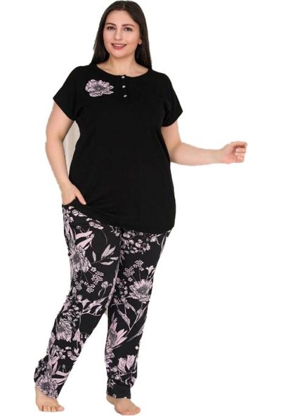 Parla Kadın Büyük Beden Siyah Çiçekli Pijama Takımı PS171