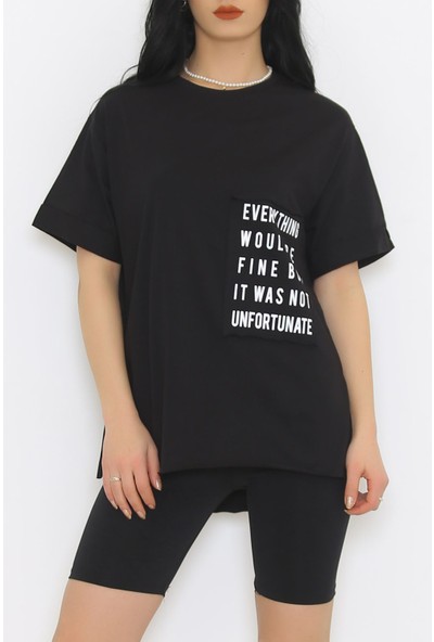 Baskılı Yırtmaçlı Tişört Siyah - 3383.105.