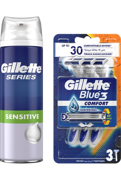 Gillette Blue3 Comfort Kullan At Tıraş Bıçağı 3'lü ve Tıraş Köpüğü Hassas 250 ml Gillette Blue3 Comfort Kullan At Tıraş Bıçağı 3'lü ve Tıraş Köpüğü Hassas 250 ml