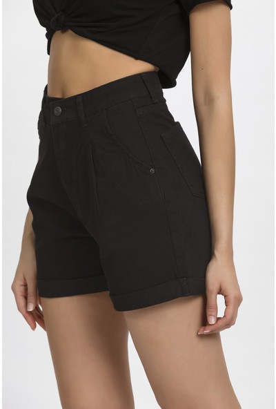 Its Basic Önü Pileli Yüksek Bel Siyah Şort