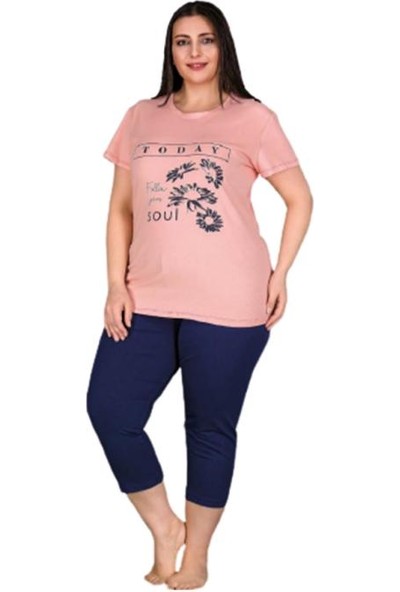 Kadın Büyük Beden Kapri Pembe & Lacivert Pijama Takımı PS183