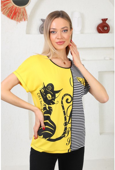 Kedi Desenli Çizgili Viskon Kadın Bluz