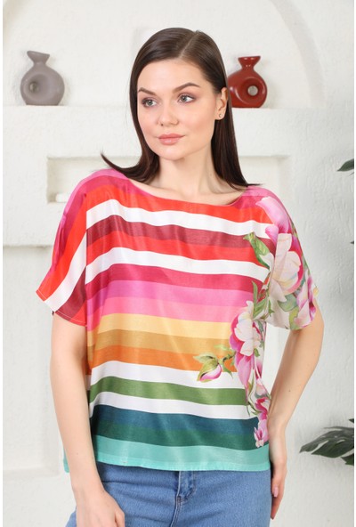 Kadın Bisiklet Yaka Gökkuşağı Şifon Bluz