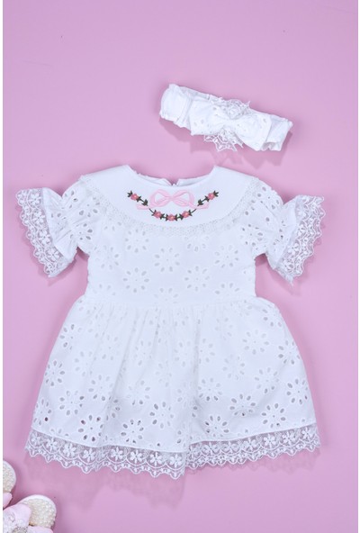 Çizgi Kids Kız Çocuk Nakış Işlemeli Bebe Yaka Beyaz Elbise