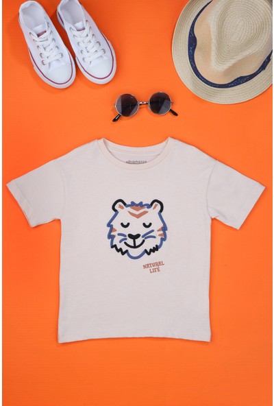 Çizgi Kids Erkek Çocuk Kaplan Nakış Işlemeli Krem T-Shirt