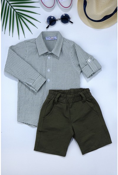 Çizgi Kids Erkek Çocuk Pötikareli Gömlek Gabardin Kumaş Şort Yeşil Ikili Takım
