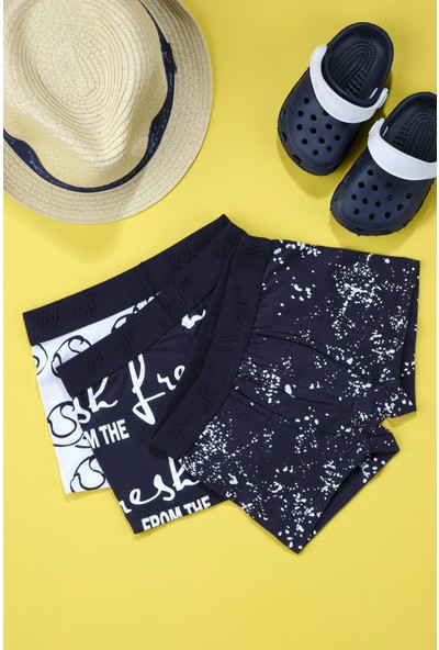 Çizgi Kids Erkek Çocuk %100 Pamuk Lacivert Beyaz Erkek Çocuk Boxer Üçlü