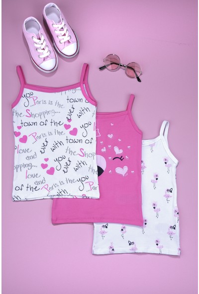 Çizgi Kids Kız Çocuk Pamuk Filamingo Baskılı Pembe Beyaz Atlet Üçlü