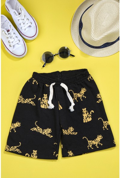 Çizgi Kids Unisex Kaplan Baskılı Siyah Şort Çizgi Kids Unisex Kaplan Baskılı Siyah Şort