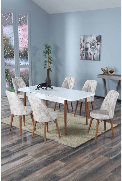 Morkese Snow Serisi Beyaz Açılır Yemek ve Mutfak Masa Takımı 6 Sandalyeli - Krem