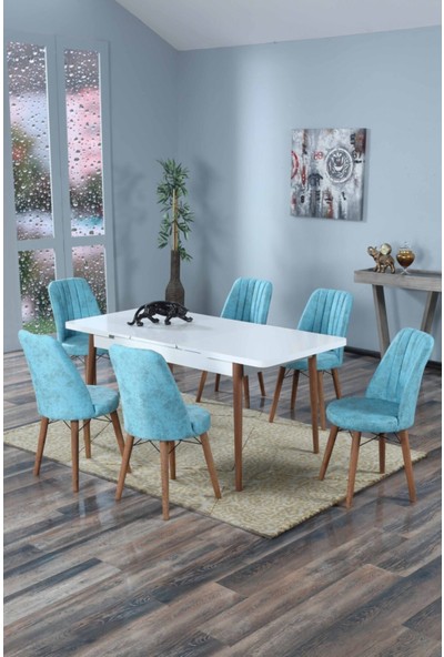 Morkese Snow Serisi Beyaz Açılır Yemek ve Mutfak Masa Takımı 6 Sandalyeli - Turkuaz