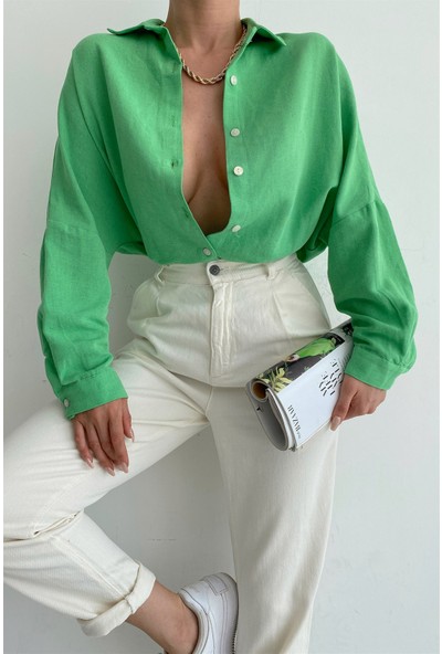 MyLove Oversize Ham Keten Gömlek Yeşil MyLove Oversize Ham Keten Gömlek Yeşil