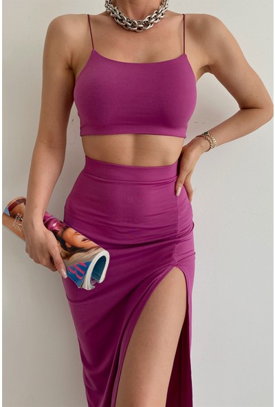 MyLove Yırtmaç Detay Etekli Takım Mor