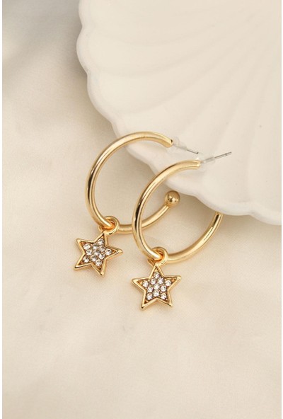 Rebella 1803 Gold Renk Zirkon Taşlı Yıldız Figürlü Halka Küpe