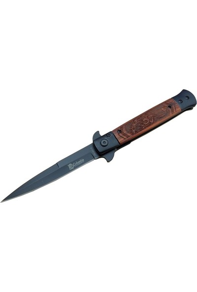 Columbia Fs 9012 Siyah Kamp Çakı 23CM- Yarı Otomatik, Ejderha Motifli Ahşap Sap, Kemerlikli Columbia Fs 9012 Siyah Kamp Çakı 23CM- Yarı Otomatik, Ejderha Motifli Ahşap Sap, Kemerlikli