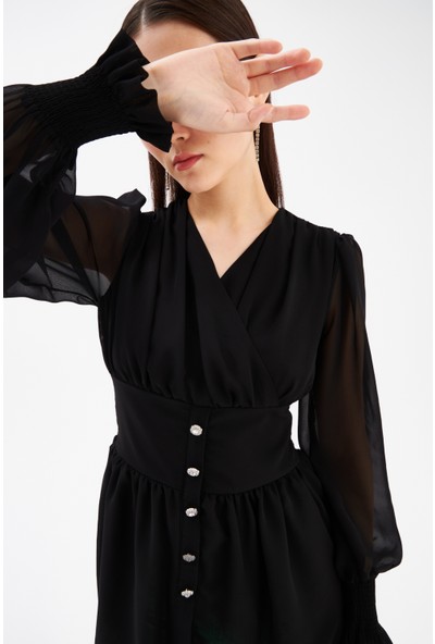 Sateen Taş Düğmeli Şifon Bluz - Siyah