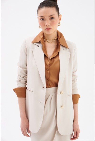 Sateen Saten Krep Ceket - Taş