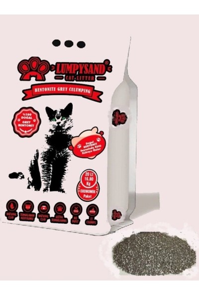 Lumpysand Gri Sodyum Bentonit Kedi Kumu Kokusuz 20 Lt (16.80 Kg) Ince Taneli