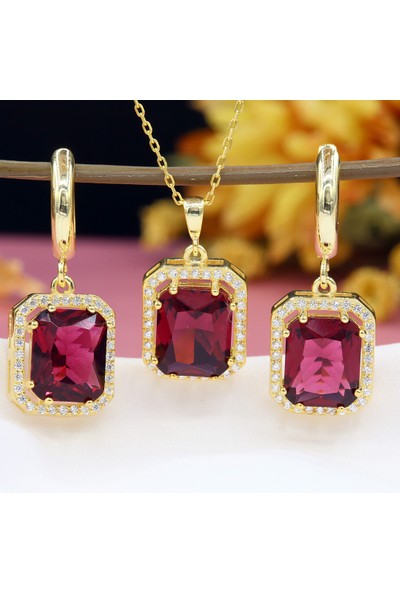 Takı Boom Kırmızı Beyaz Zirkon Taşlı Optegon Gümüş Kolye Küpe